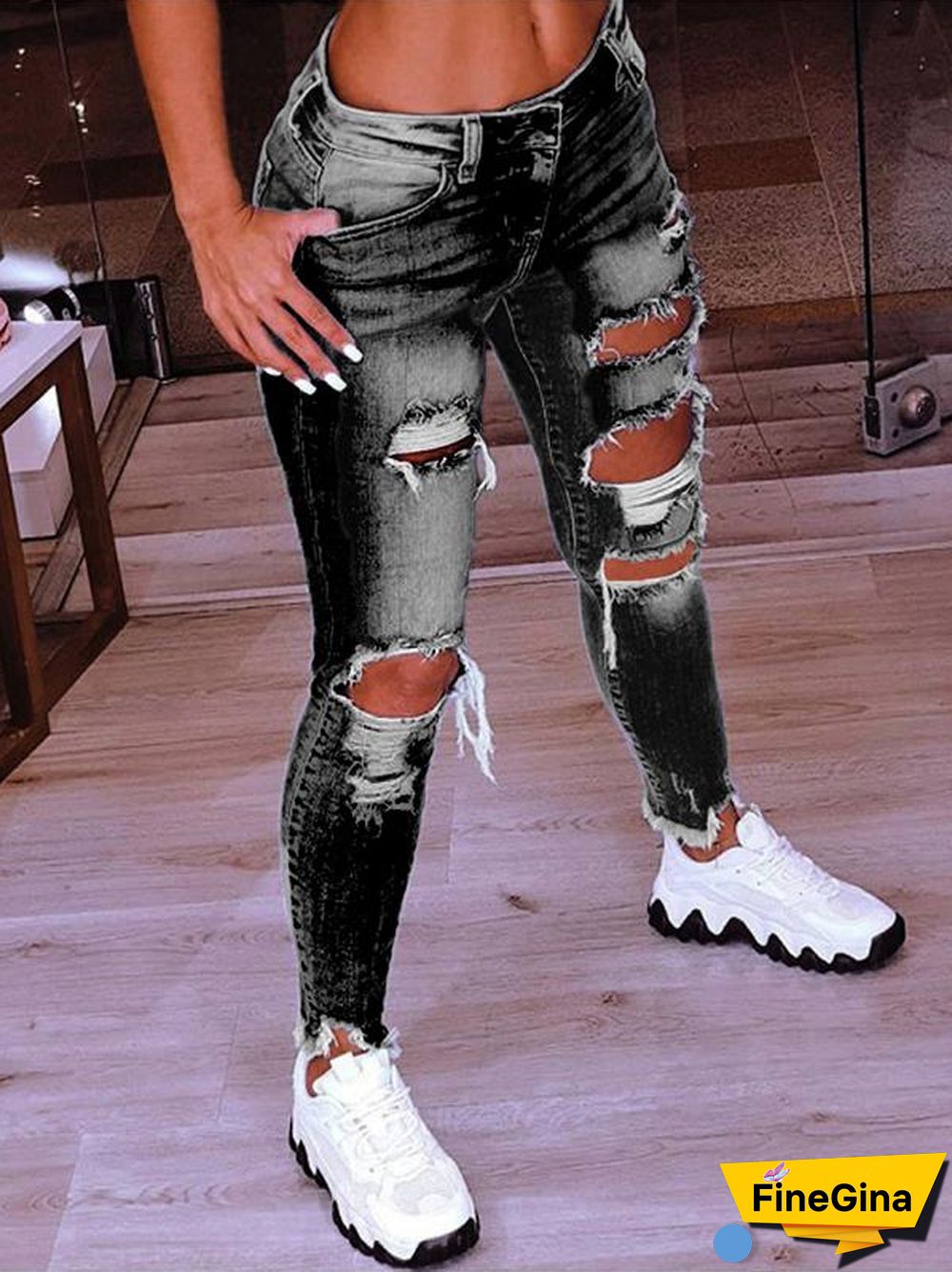 FineGina Low-Rise Hip-Lift Ripped Stretch Jeans