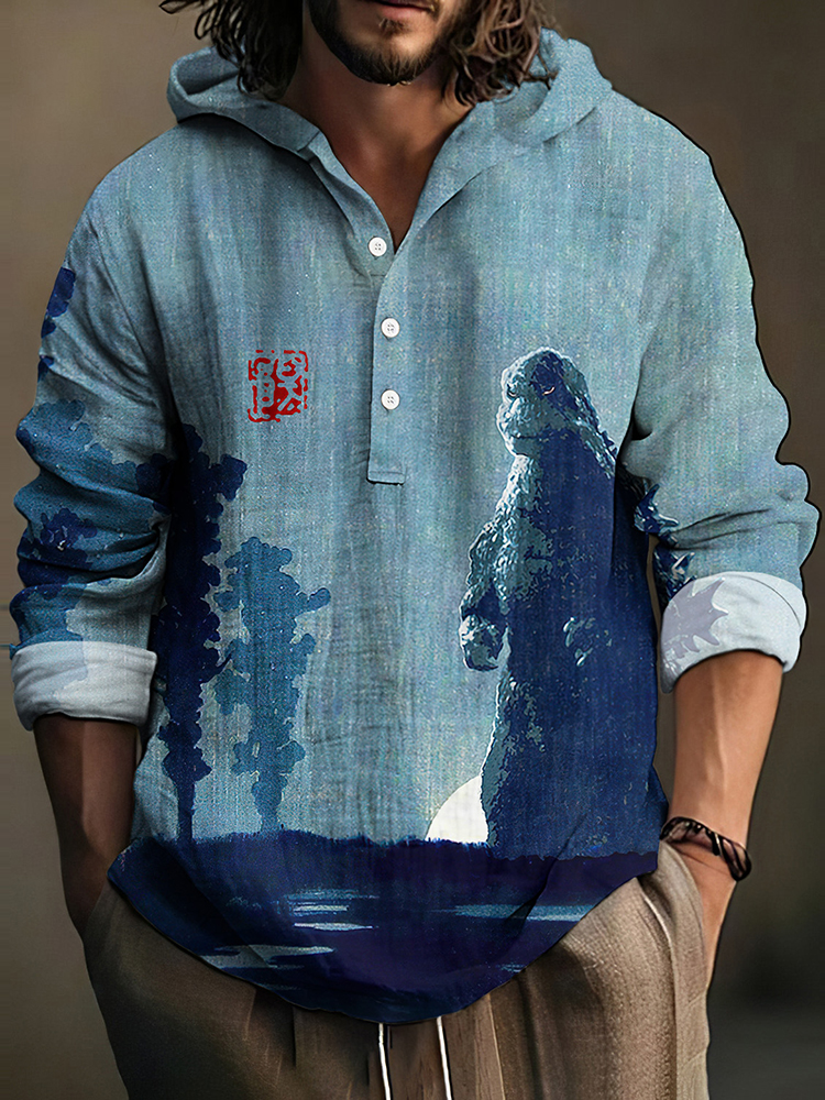 Funbibi Men's Japanese Godzilla Art Print Hooded Shirt
