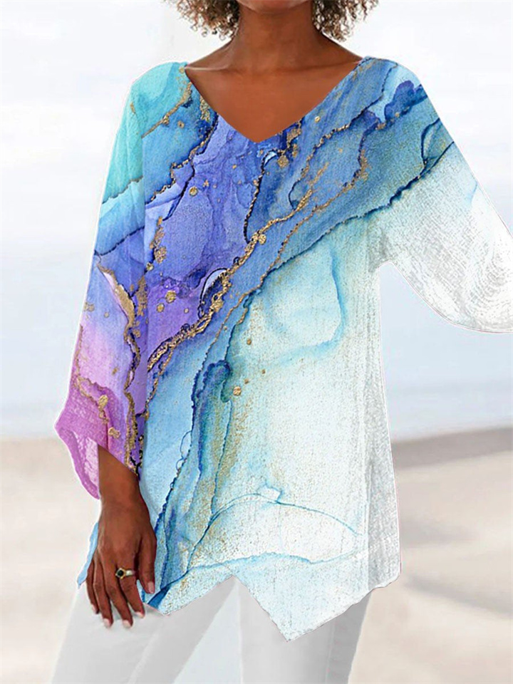 Women's New 3D Printed Natural Scenery V-neck Nine-minute Sleeve Loose ...