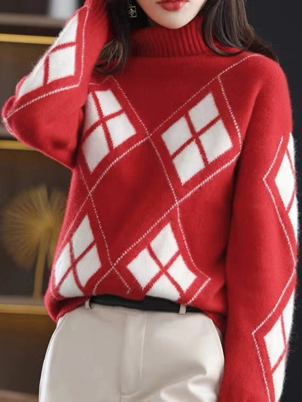 Casual Red High-Neck Contrast Color Plaid Long Sleeves Sweater