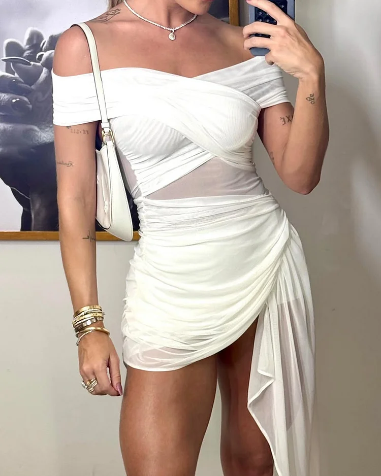 Off-shoulder crossover solid color mini dress