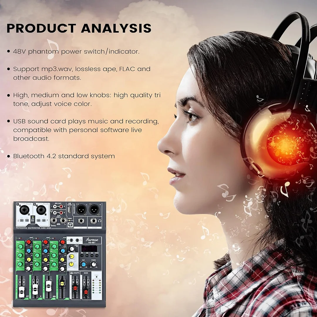 Asmuse 4 Channel Audio Mixer, Portable Mini Sound Mixer Console with ...