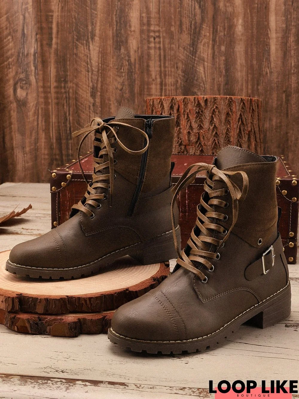 Retro Stitching Lace-up Zipper Boots