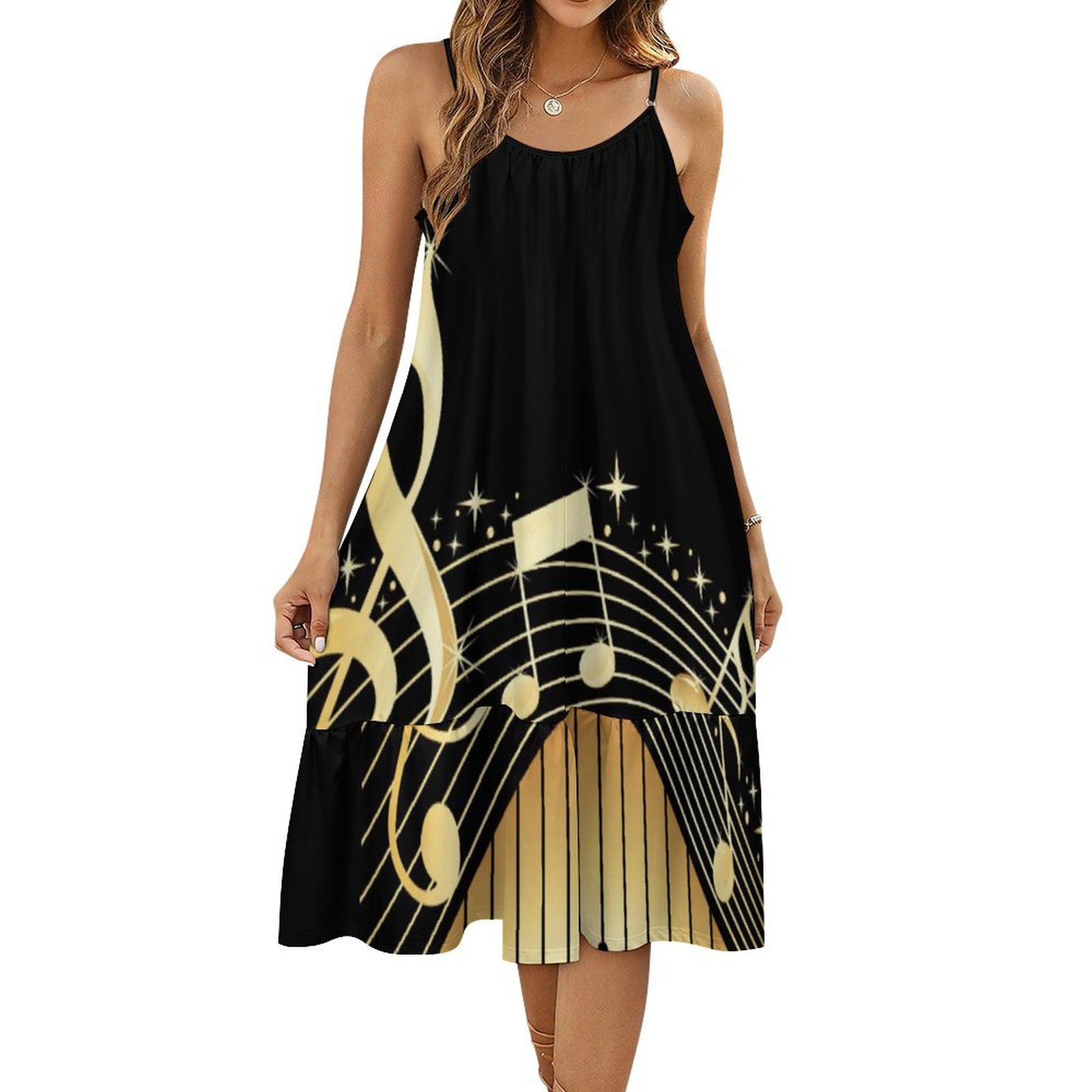 SFNEEWHO Piano Key Musical Notes Gold Music Women's Summer Midi Dress ...