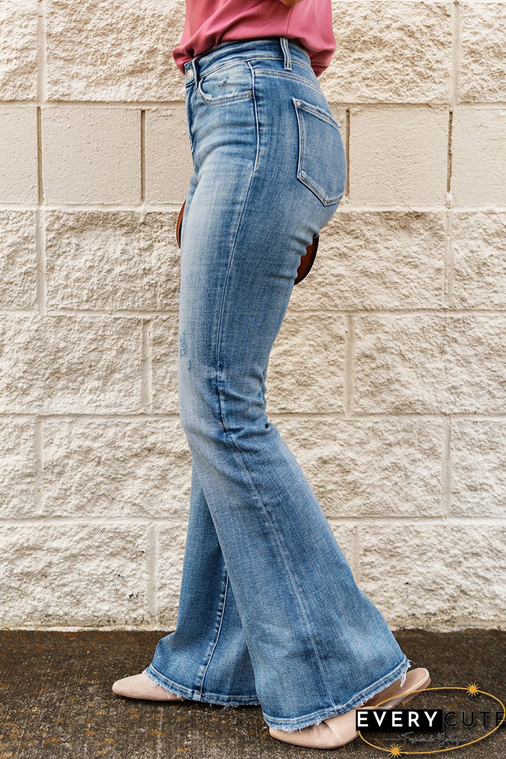 Wholesale Sky Blue High Waist Ripped Raw Hemline Flare Jeans Online