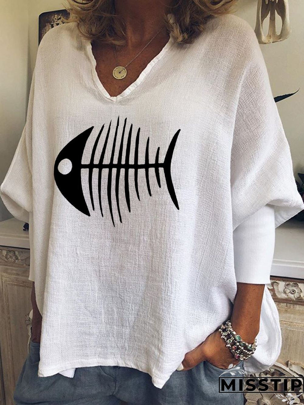 Women's Fishbone Print Cotton Shirt - MissTip