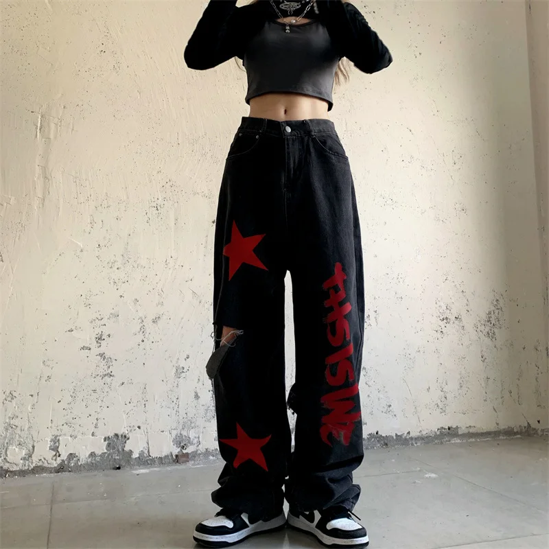 VINTAGE STARS PRINT RIPPED STRAIGHT WIDE LEG JEANS