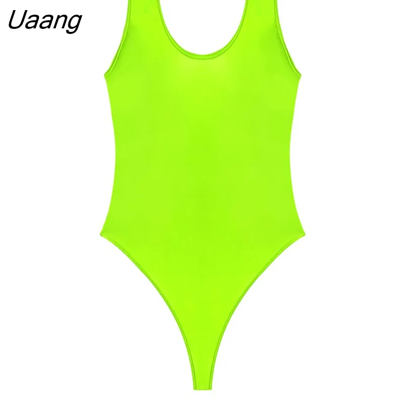 Uaang Womens Glossy High Cut Bodysuit Tight Oil Shiny Thong Leotard One ...
