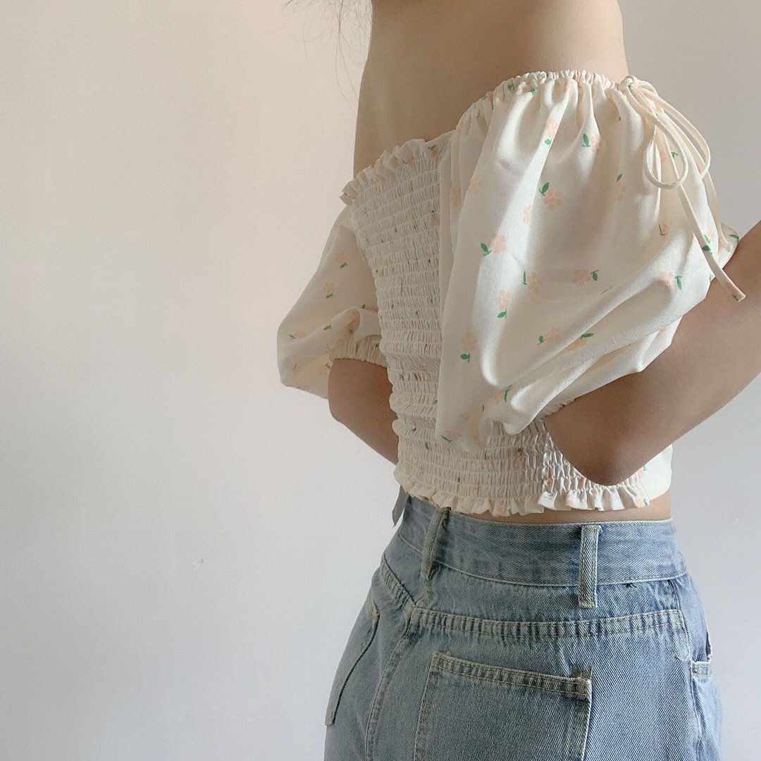 FRESH FLORAL DRAWSTRING PLEATED PUFF SLEEVE TOP