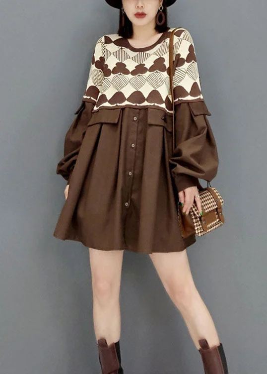 Style Black O-Neck button print Patchwork Knit Dresses