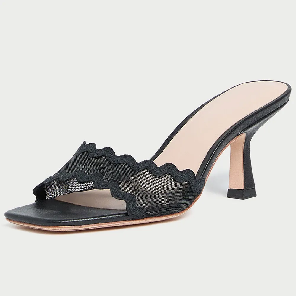 Black Square Toe Mesh Wide Band Kitten Heel Mules for Ladies