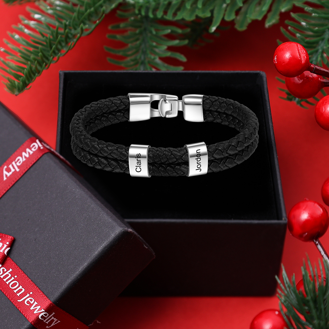 2 Names-Personalized Braided Leather Bracelet Set With Gift Box-Custom ...