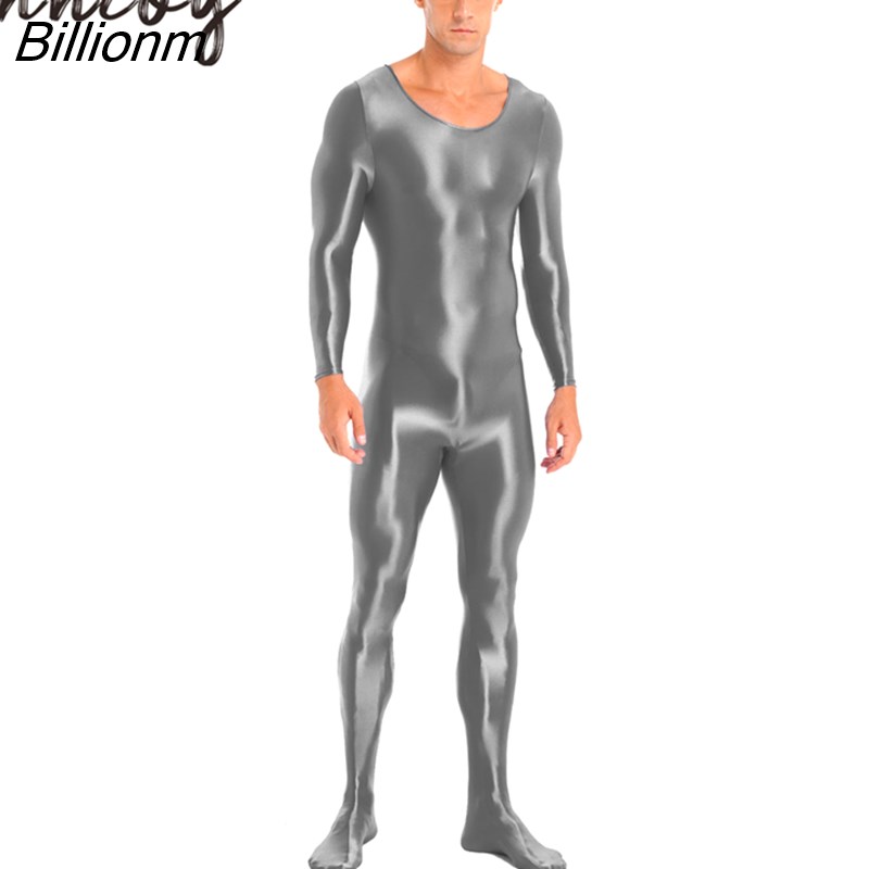 Billionm Men Glossy Smooth Bodystocking Oil Shiny Long Sleeve One-Piece ...