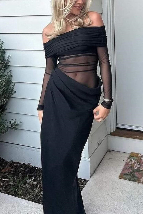 Off Shoulder Long Sleeves Mesh Splice Maxi Dress