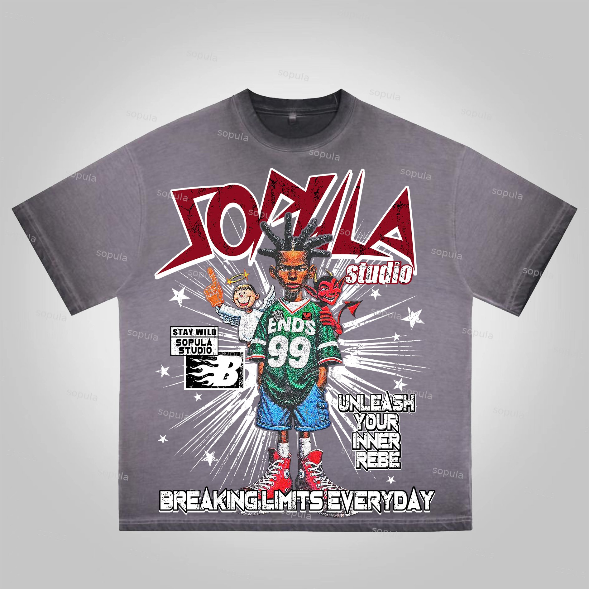Sopula Boy Portrait Angel Demon Graphic Print Washed Cotton T-Shirt ...