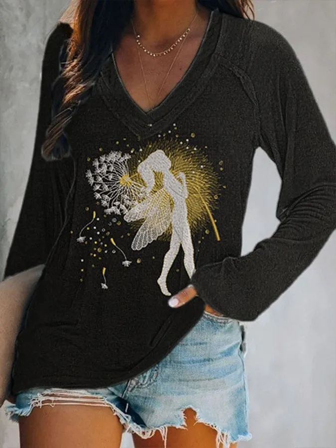 Women's Magic Fairy and Dandelion Print Casual V-Neck Top