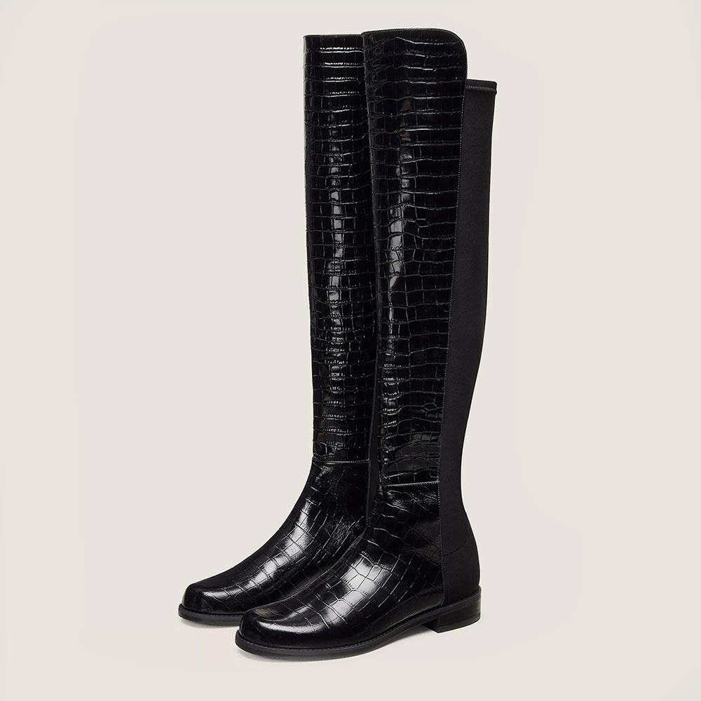Round Toe Croc Embossed Pull On Flat Boots for Women in Black