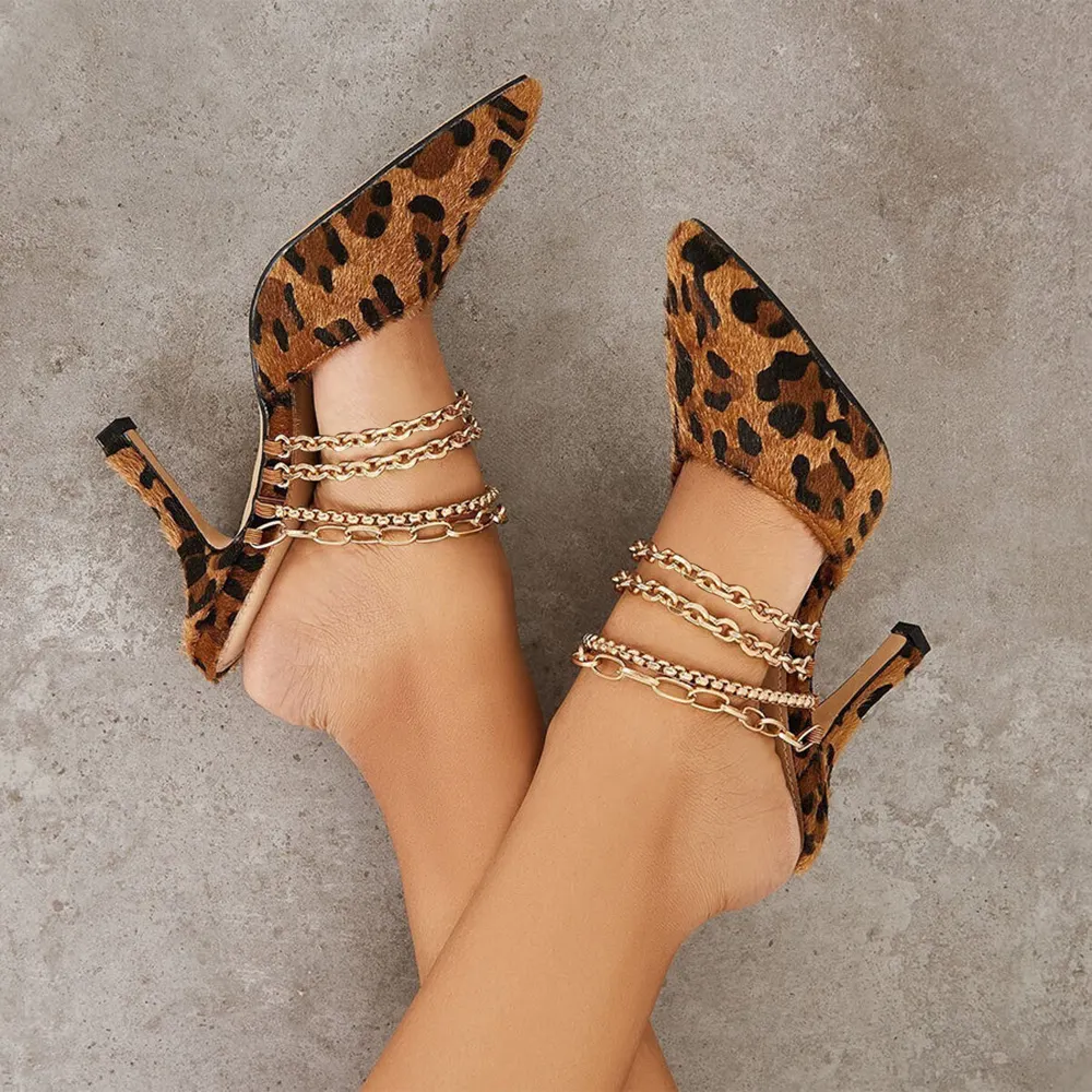 Brown Leopard Print Closed Toe Kitten Heel Mules with Gold Chain