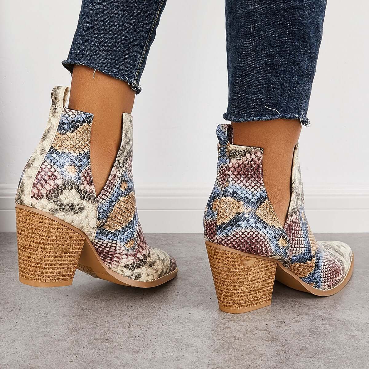 Womens Western Ankle Cowboy Boots Cutout Block Heel Booties