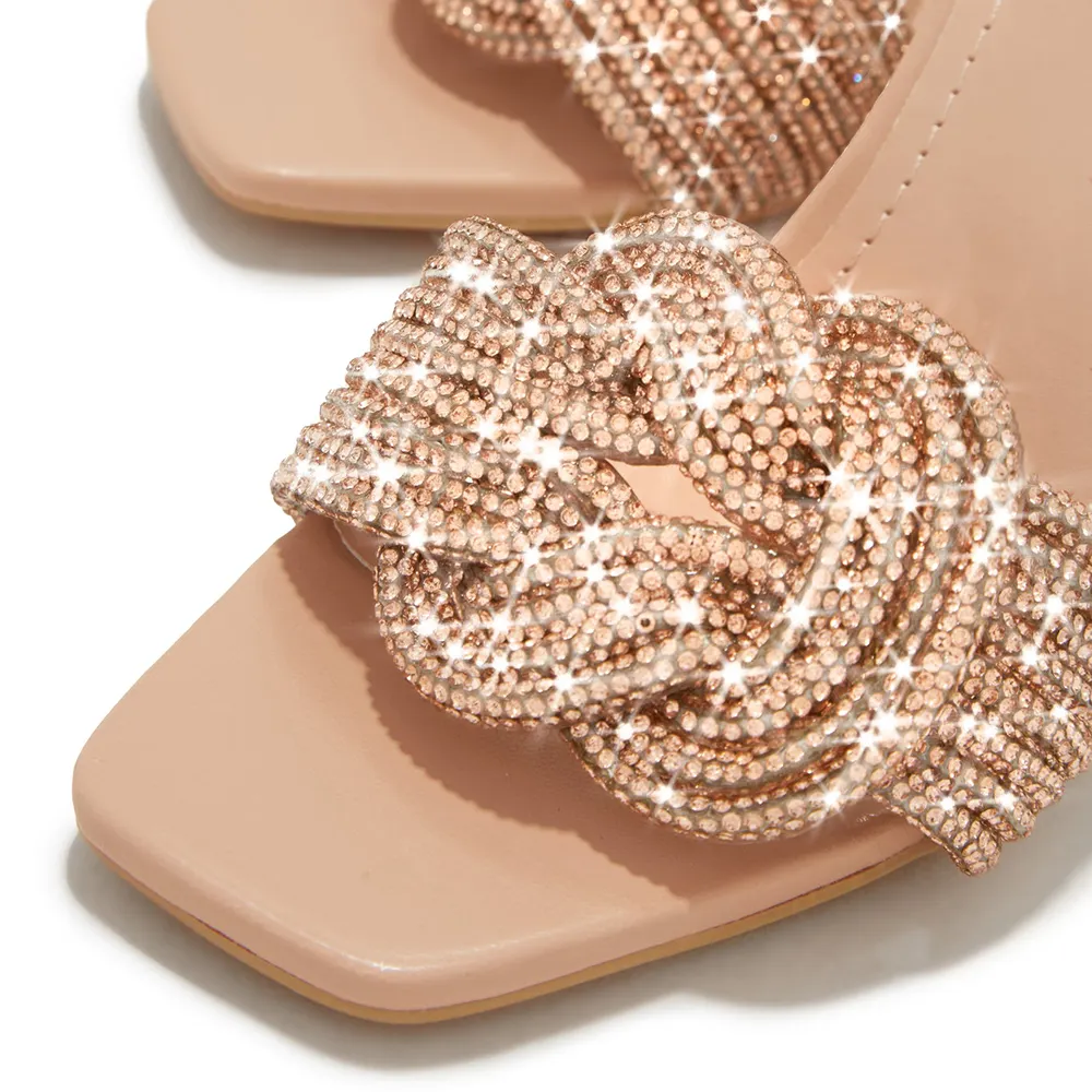 Beige Leather Opened Square Toe Rhinestone Mules With Decorative Heels