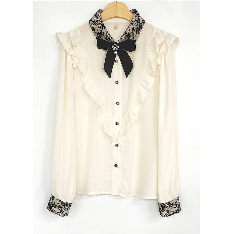 PEARL BOW LACE LAPEL RUFFLE LONG SLEEVE SHIRT