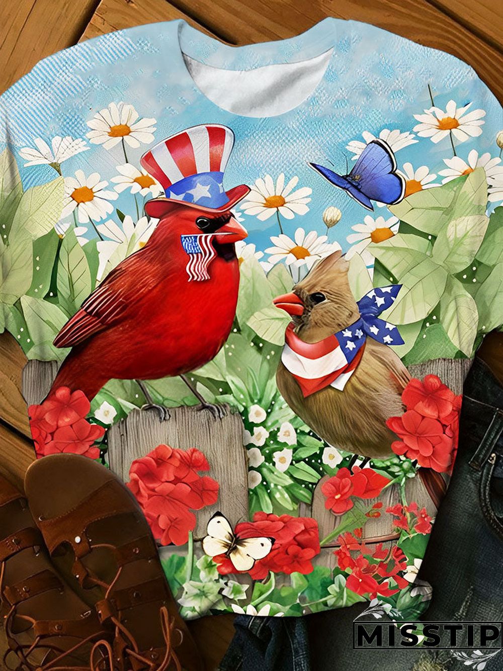 Red Bird Flag Print Round Neck Short Sleeve T-Shirt - MissTip