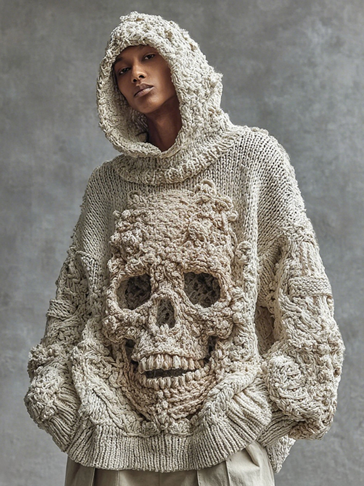 Men's Vintage Skull Pattern Cozy Knit Hooded Sweater