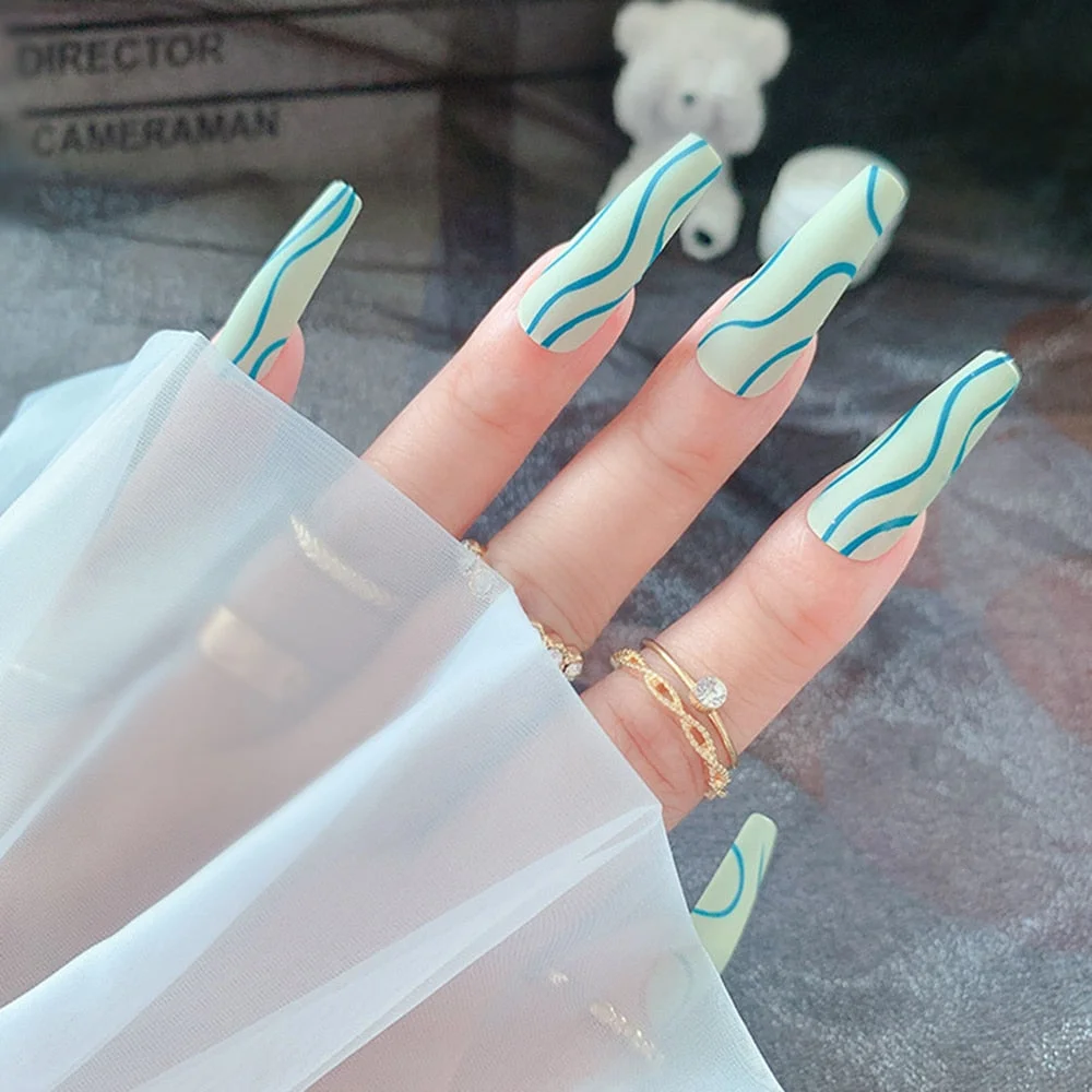 24pc Extra Long Fake Nails Simple Wave pattern design Line Pattern ...