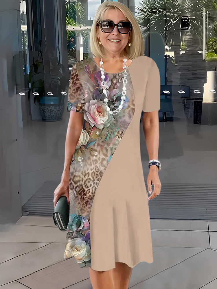 Floral Color Blocking 3D Printed Loose Medium Dress