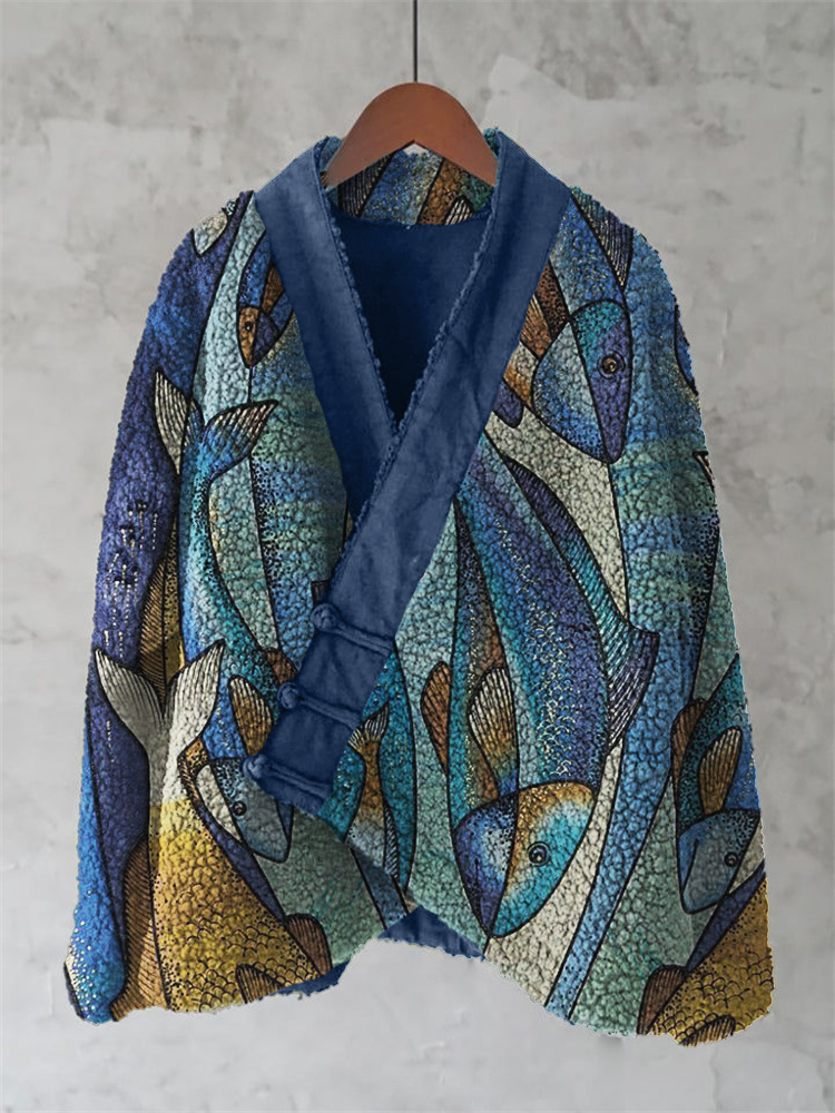 Fish Sea Waves Geometric Art Japanese Cozy Fleece Kimono Cardigan