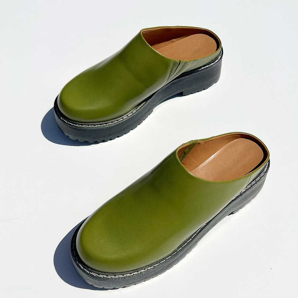 Green Round Toe Chunky Heel Lug Sole Platform Mules for Women