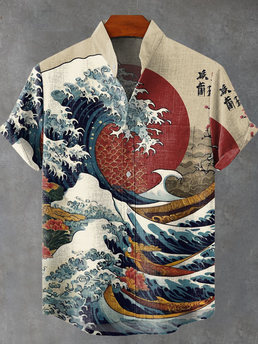 Japanese Style Rising Sun and Waves Decorative Pattern Casual 100% ...