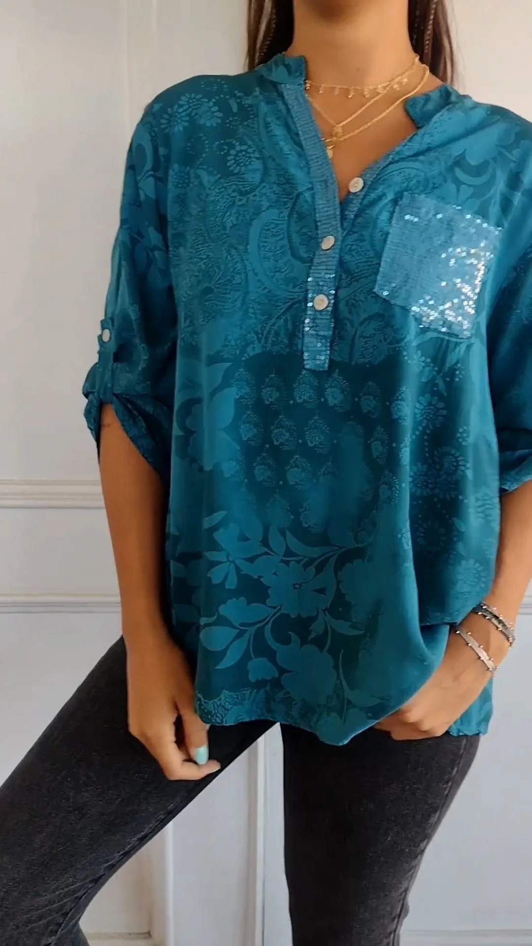 V-neck Half-button Printed Top (buy 2 free shipping )