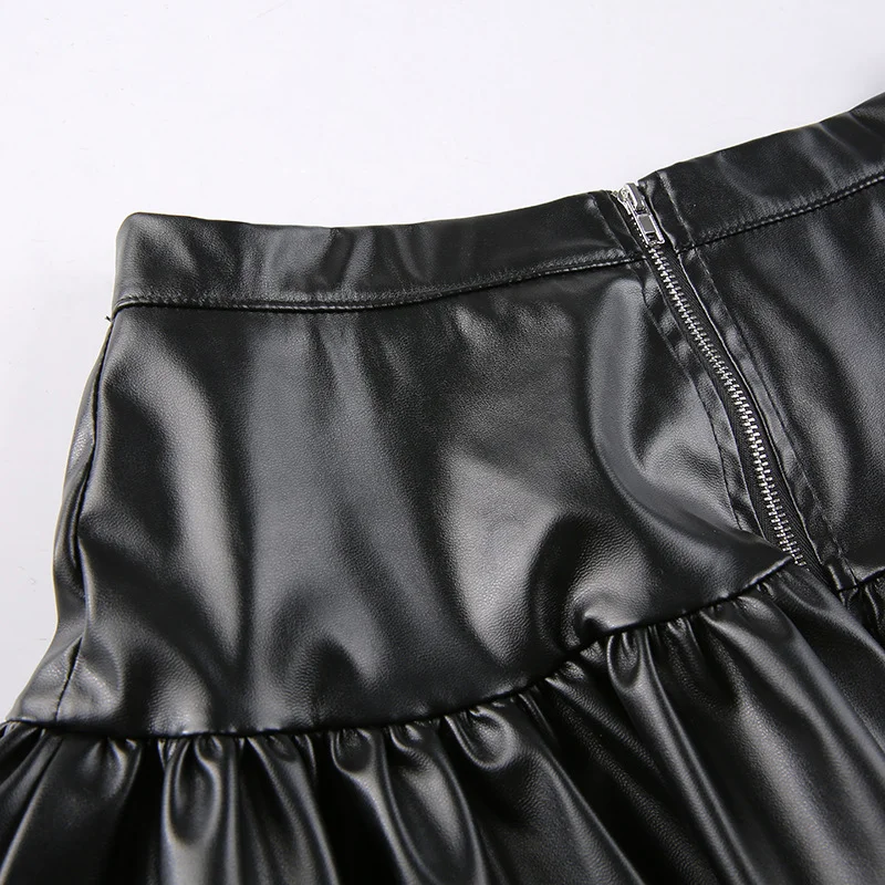 DOUBLE LAYER RUFFLED LACE UP LEATHER SKIRT