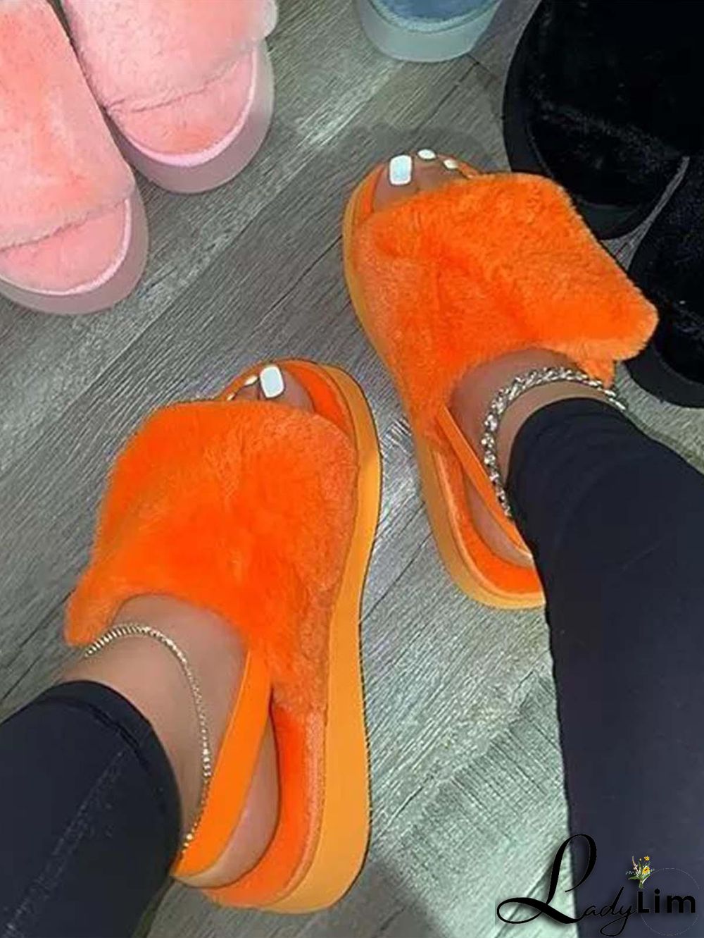 Fuzzy Platform Two-way Slingback Slippers - Ladylim