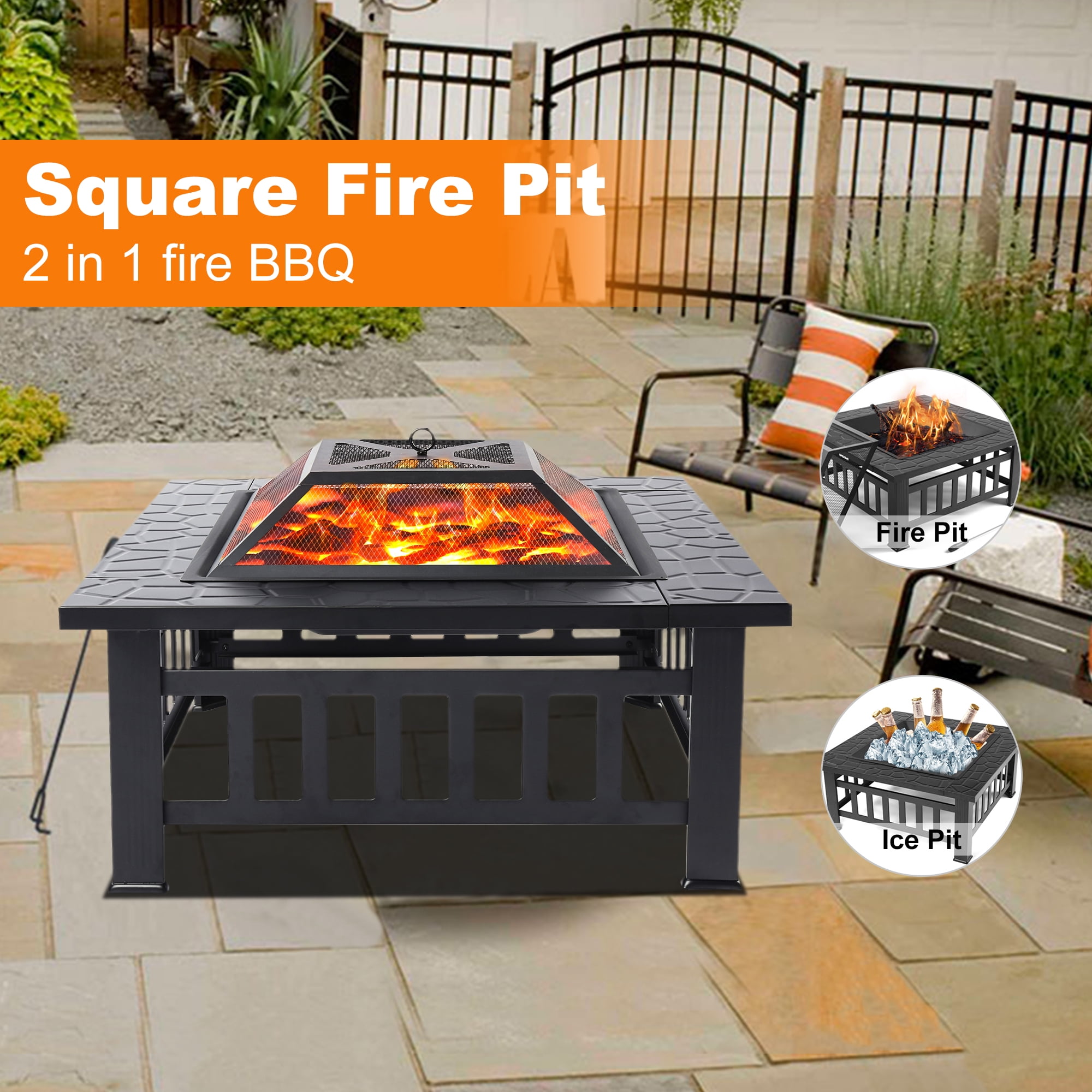 Outdoor Fire Pit, 32" Square Metal Fire Pit Table with Spark Screen ...