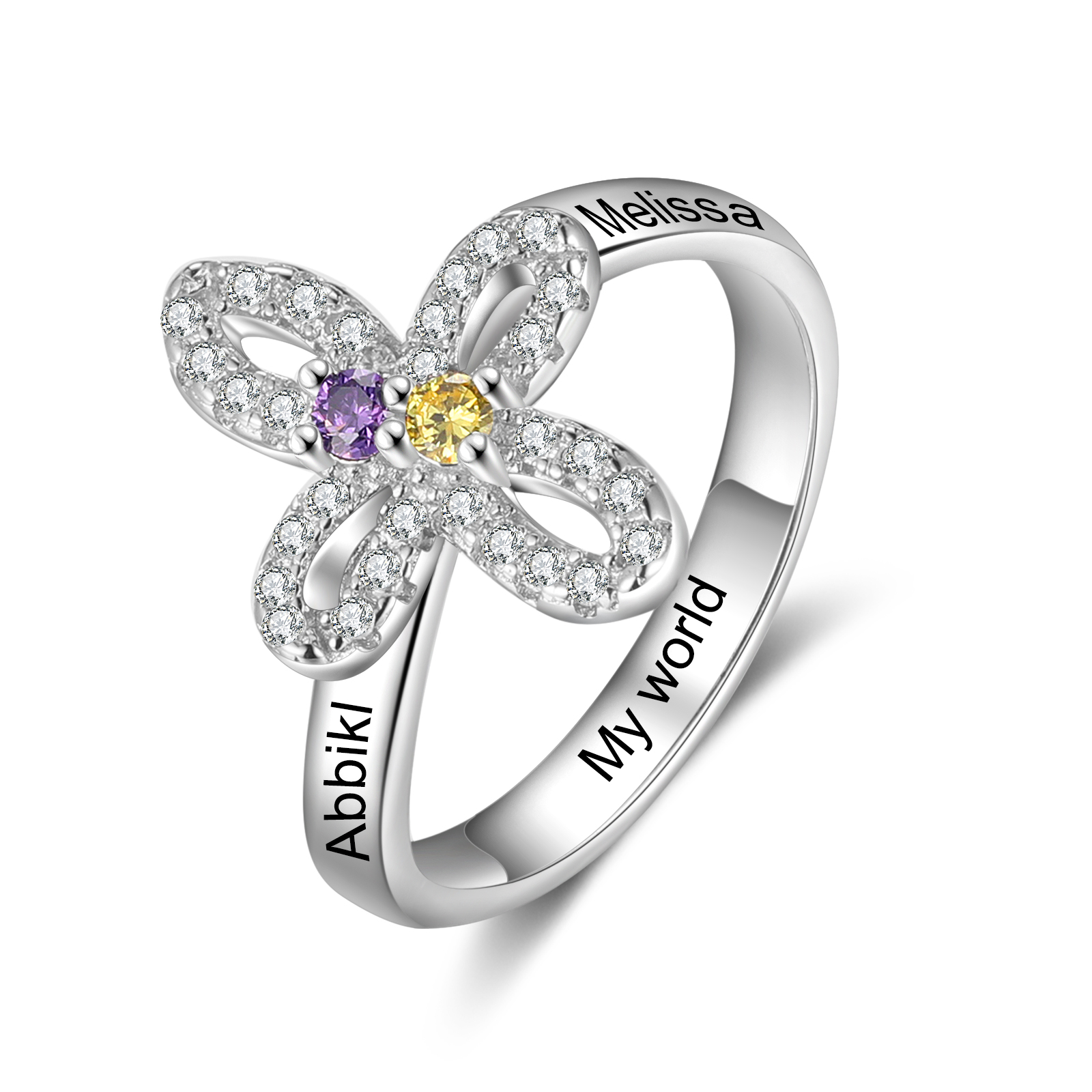 Custom Four-Leaf Ring Custom Name and Birthstone Ring Custom Four-Leaf Ring Custom Name and Birthstone Ring