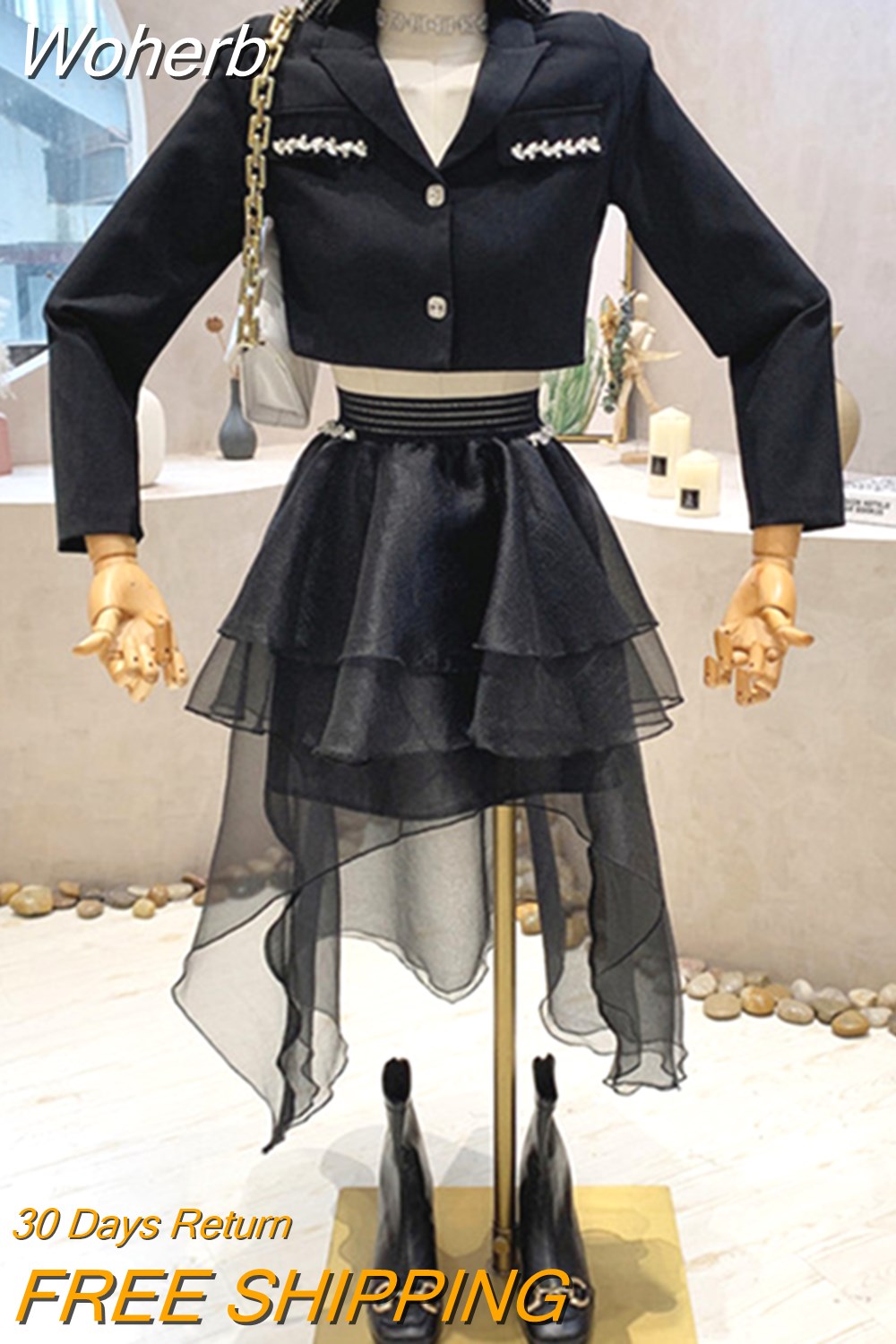 Woherb Women Black Skirt Two Piece Set Diamond Short Black Ladies Suit ...