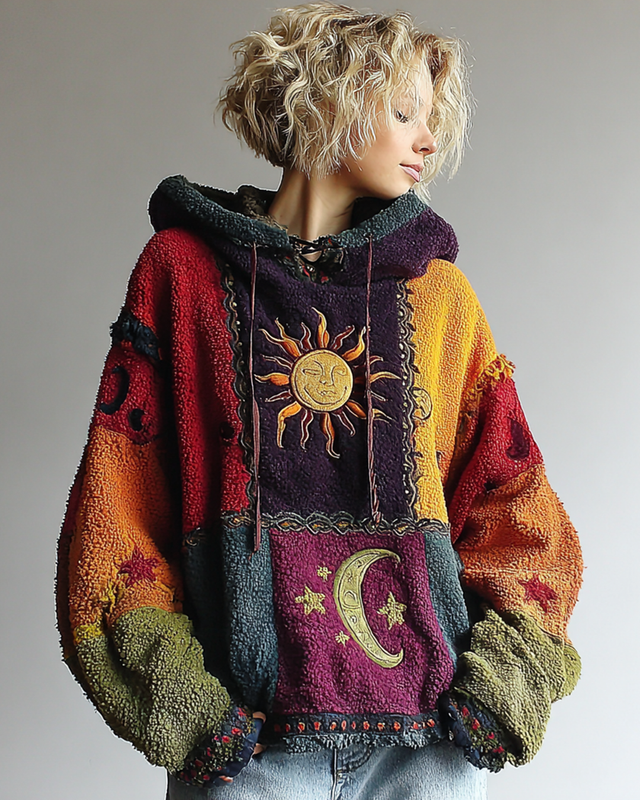 Women's star and moon themed embroidered contrasting color-blocked ...