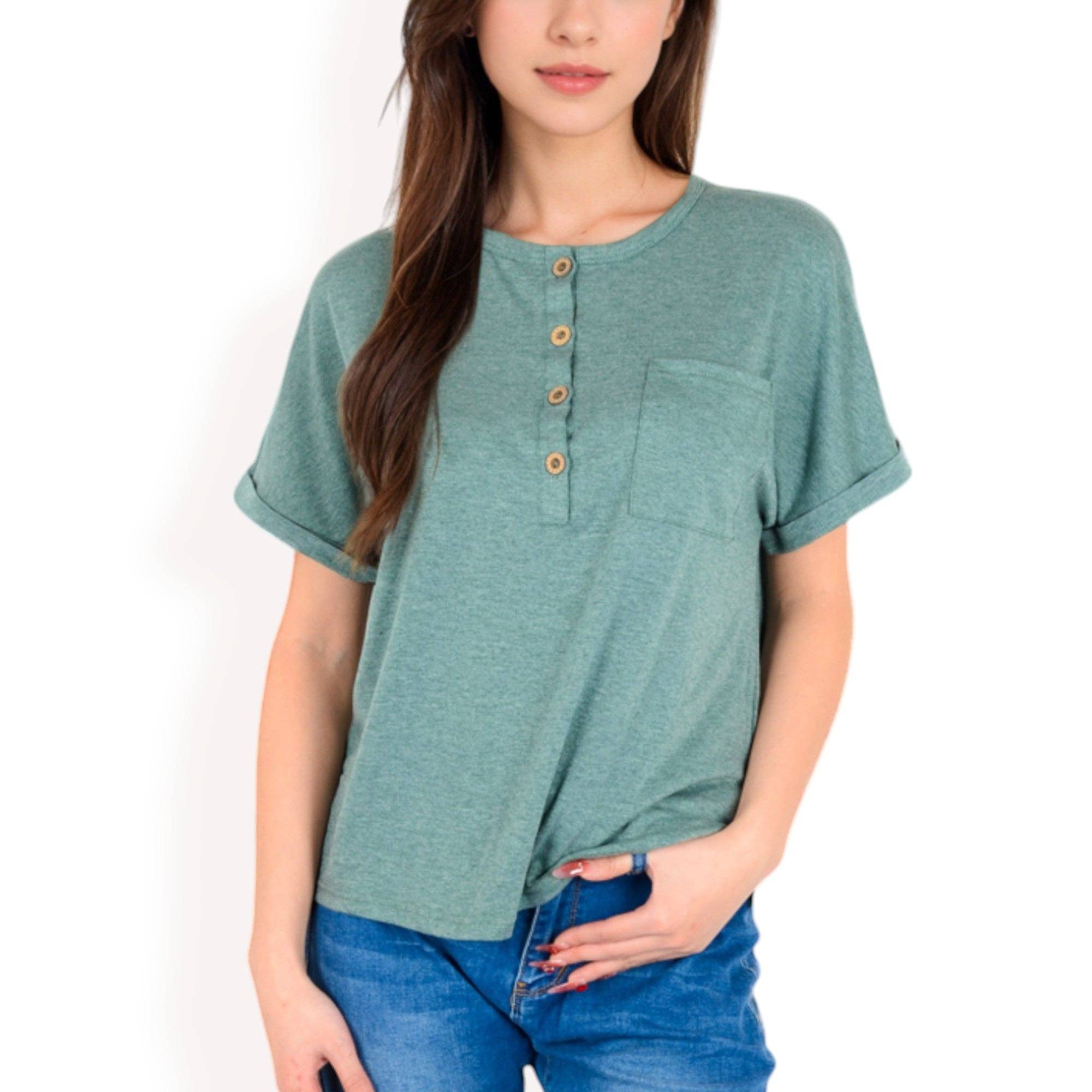 Casual Short Sleeve Henley Top with Chest Pocket