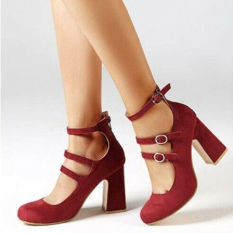 Dark Red Chunky Heel Round Toe Mary Jane Pumps Vdcoo