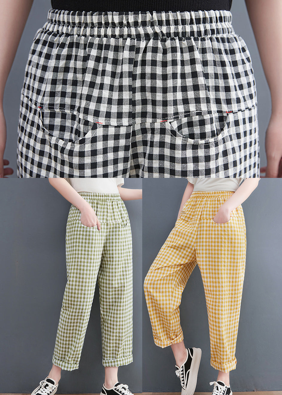 FineGina Plus Size Green Plaid elastic waist Plaid Linen Pants Spring