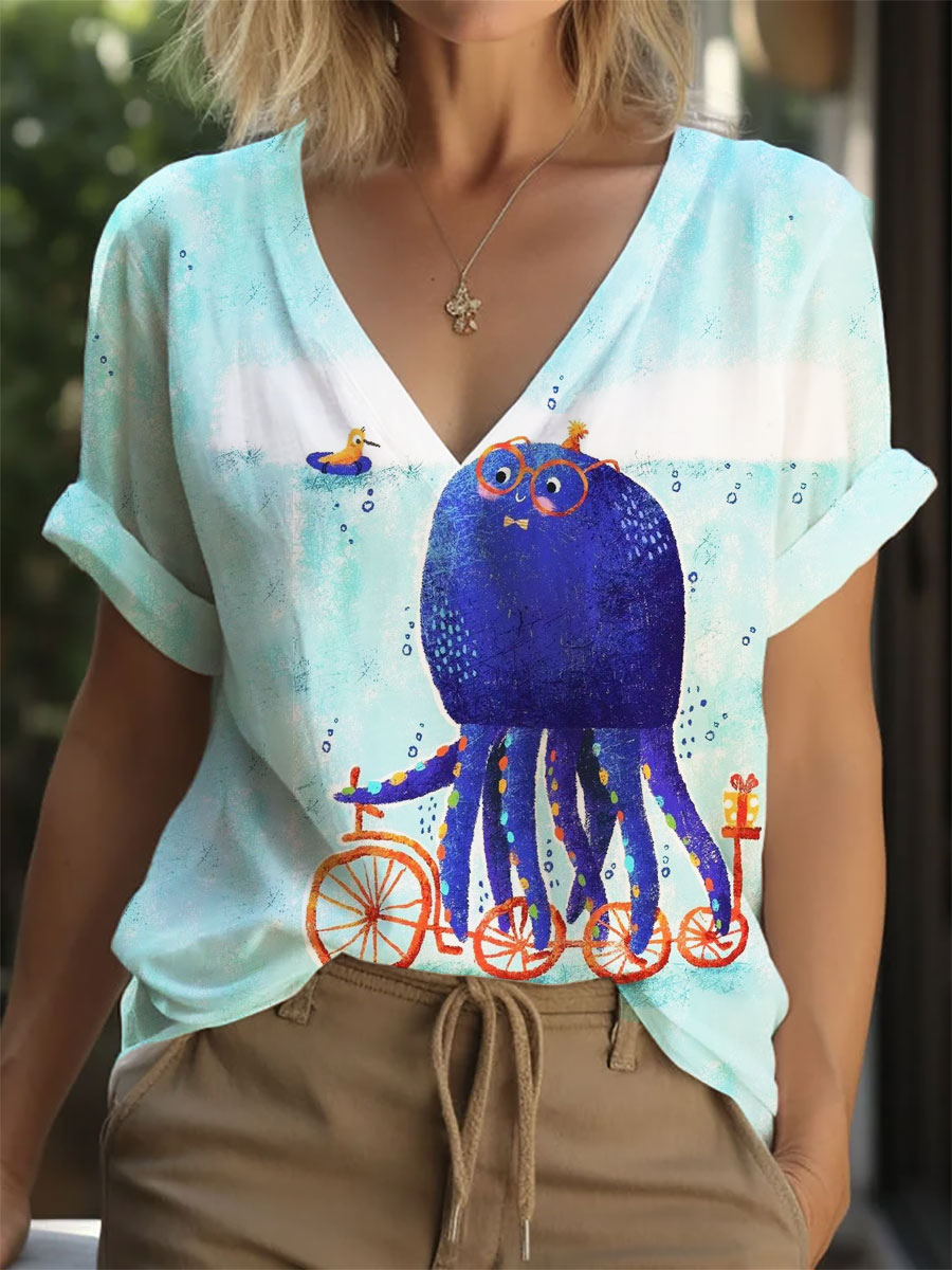 Women's Cartoon Blue Octopus Print V-Neck Vest