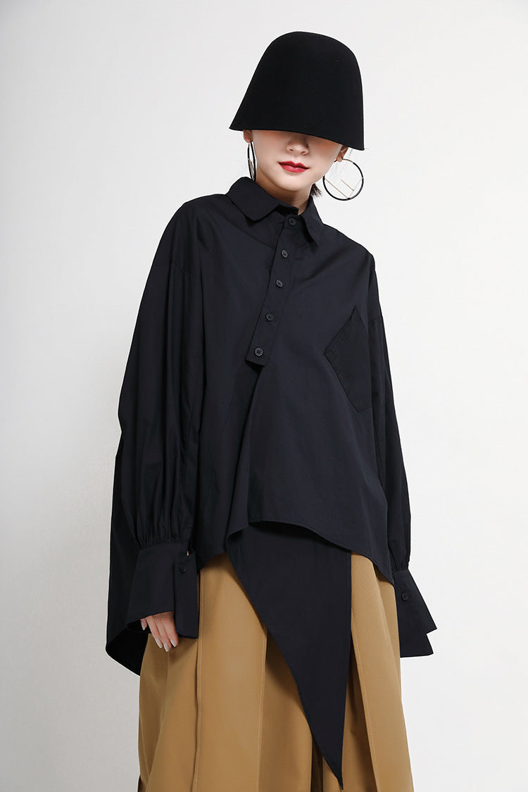 Chic Black Lapel Asymmetric Back-slit Hem Long Sleeve Shirt