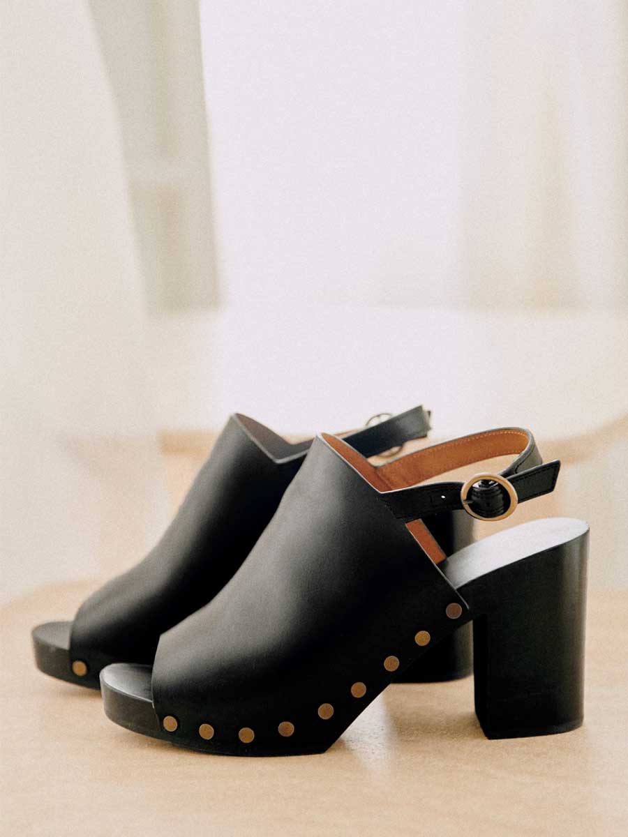 Black Buckle Slingback Peep Toe Platform Clog Heels with Studs