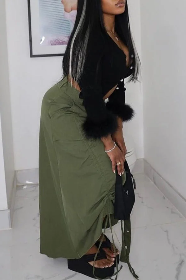 Statement Pocket Solid Color Asymmetric Drawstring Long Skirt