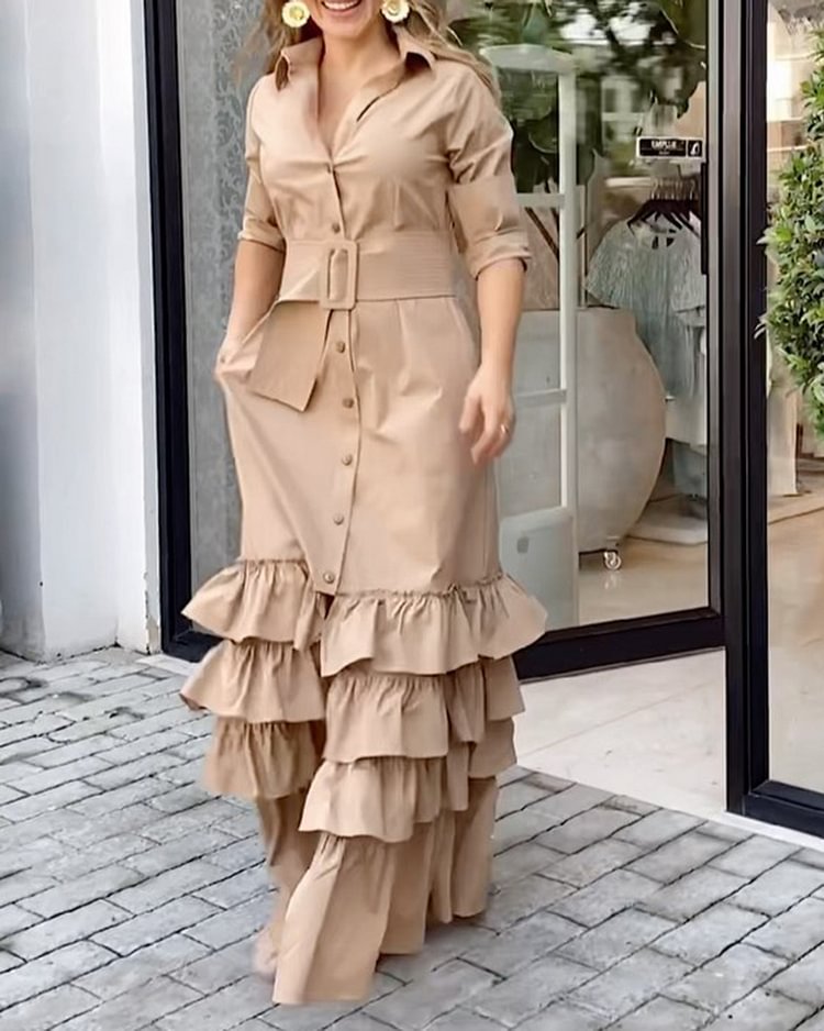 Layered Ruffled Elegant Lace-up Dress