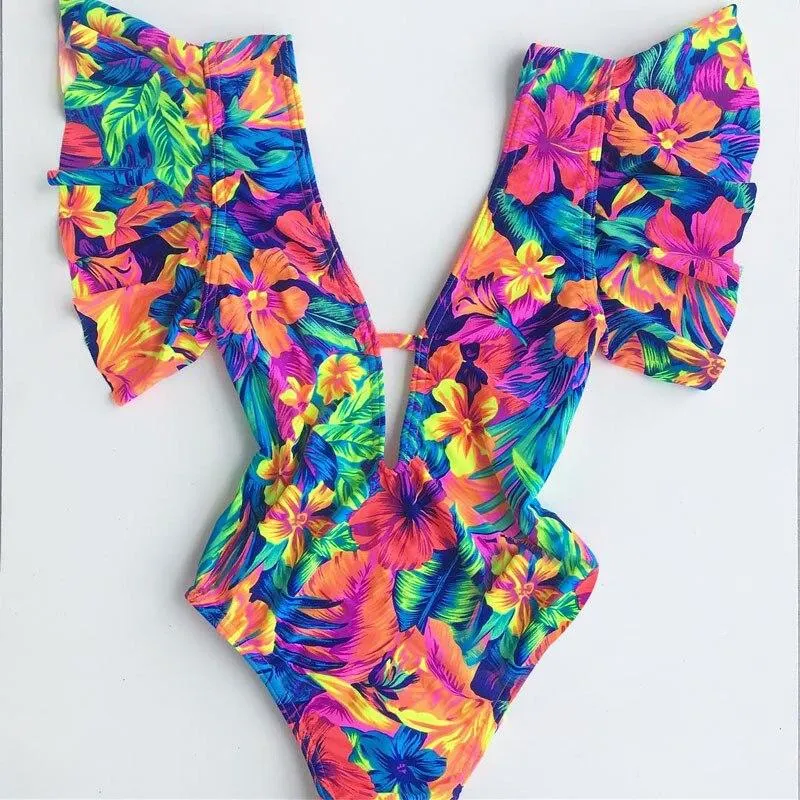 Sexy One Piece Swimwear Floral Deep-V Bathing Suit