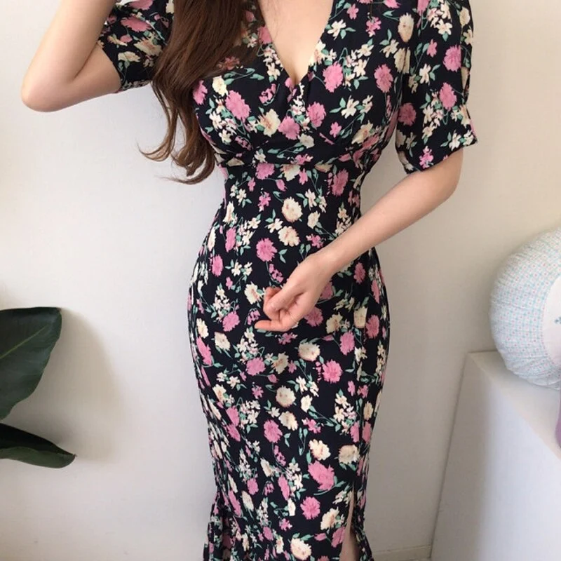 Zingj Korean Chic V Neck Print Floral Sexy Maxi Dresses For Women