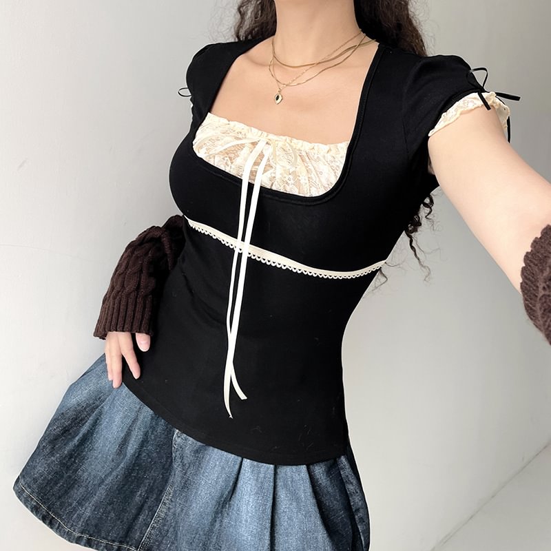 LACE SQUARE NECK TIE SHORT SLEEVE TOP